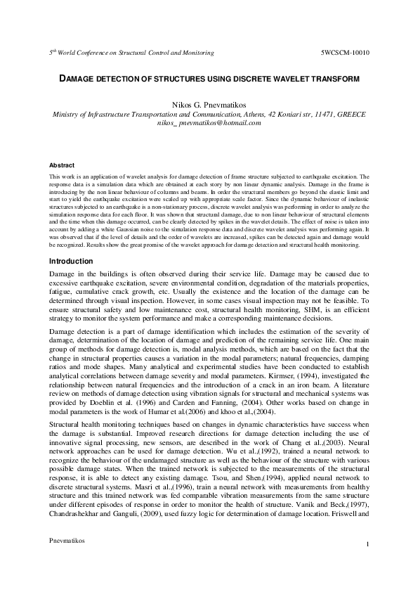 (PDF) Damage detection of structures using discrete wavelet transform