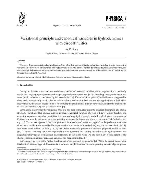 Variational principle and canonical variables in hydrodynamics with ...