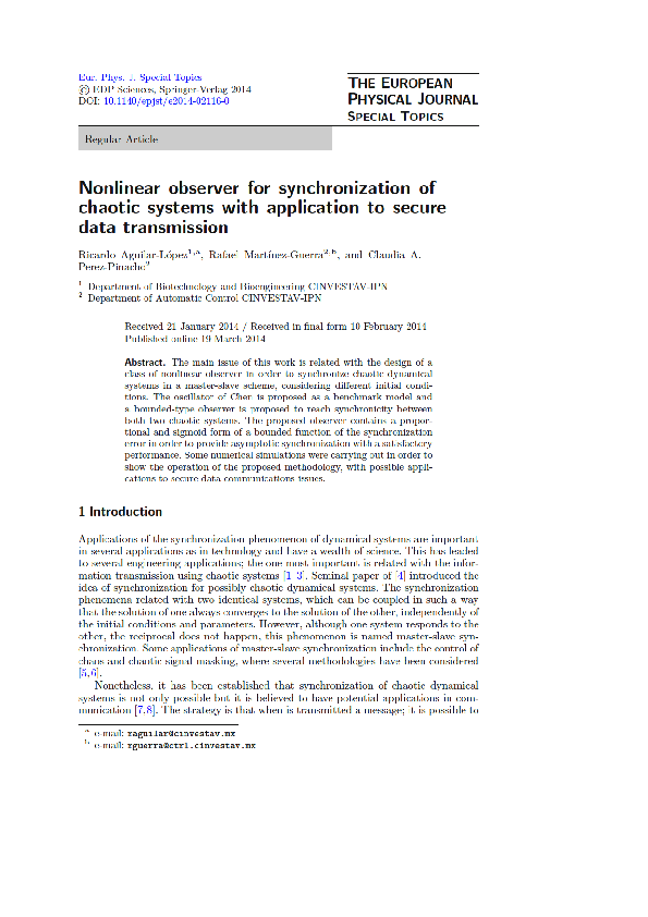 (PDF) Nonlinear Observer for Chaotic System Sync