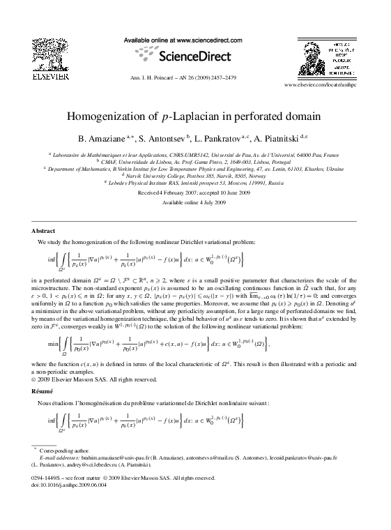 (PDF) Homogenization of p-Laplacian in perforated domain