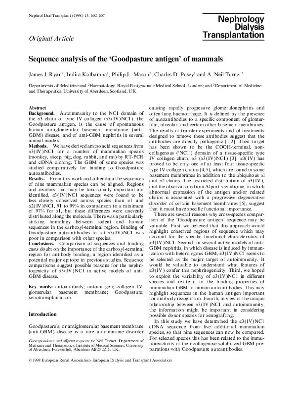 (PDF) Sequence analysis of the 'Goodpasture antigen' of mammals