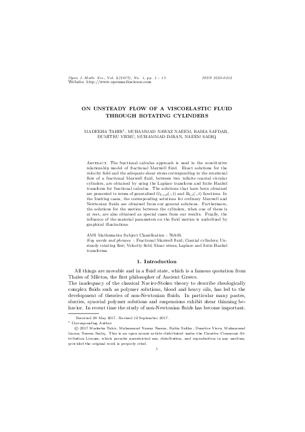 Pdf On Unsteady Flow Of A Viscoelastic Fluid Through Rotating Cylinders