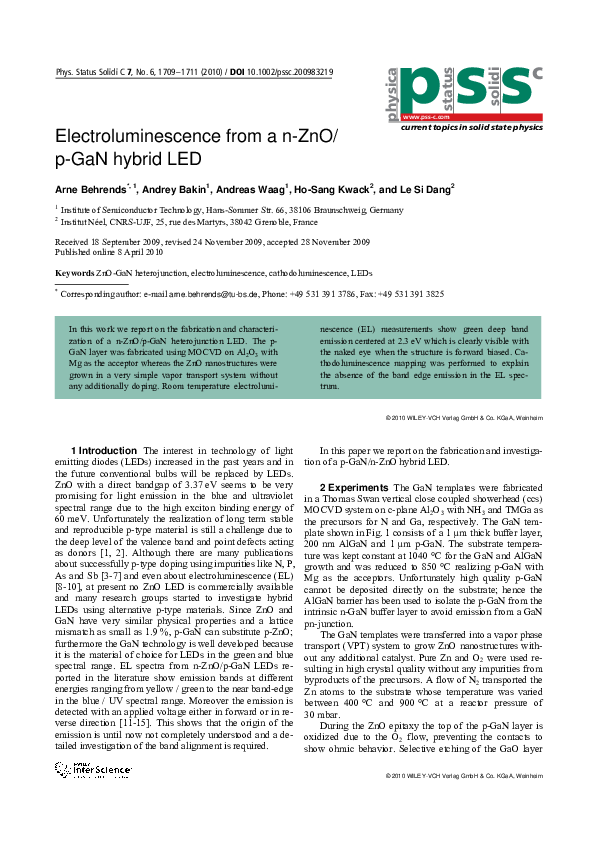 (PDF) Electroluminescence from a n-ZnO/p-GaN hybrid LED