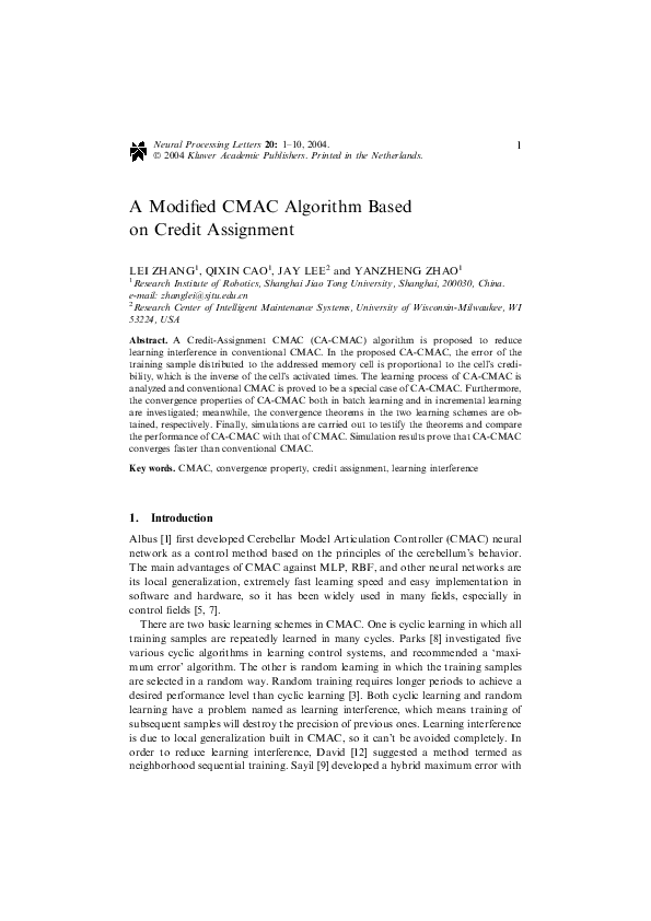 (PDF) A Modified CMAC Algorithm Based on Credit Assignment | Jay Lee ...