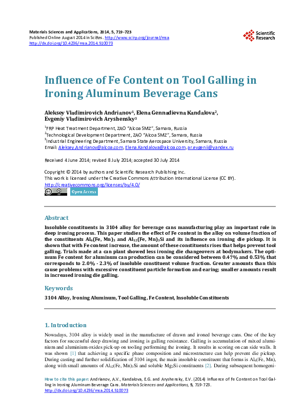 (PDF) Influence of Fe Content on Tool Galling in Ironing Aluminum ...