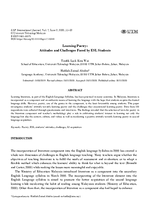 (PDF) Learning Poetry: Attitudes and Challenges Faced by ESL Students