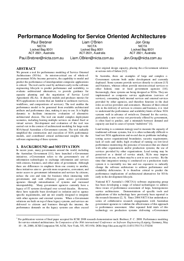 Pdf Performance Modeling For Service Oriented Architectures