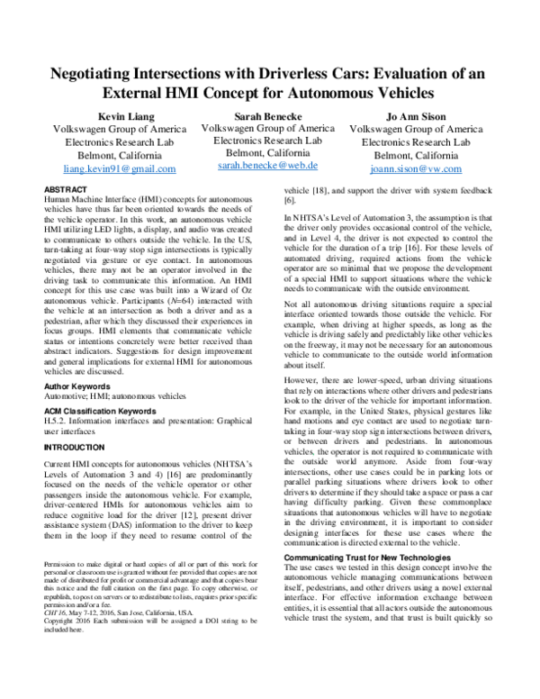 (PDF) Negotiating Intersections with Driverless Cars: Evaluation of an ...