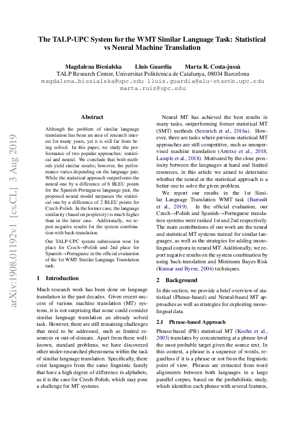 Pdf The Talp Upc System For The Wmt Similar Language Task Statistical Vs Neural Machine