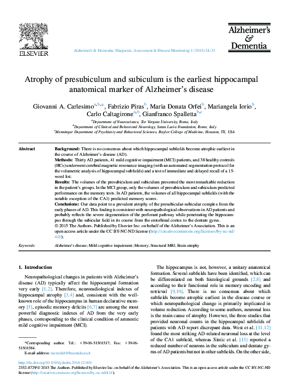(PDF) Atrophy of presubiculum and subiculum is the earliest hippocampal ...