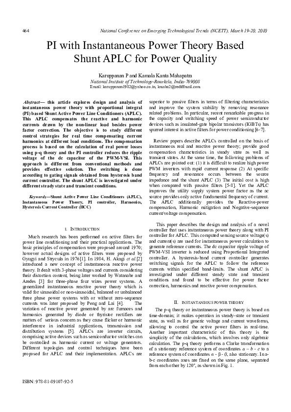 (PDF) PI with Instantaneous Power Theory Based Shunt APLC for Power Quality