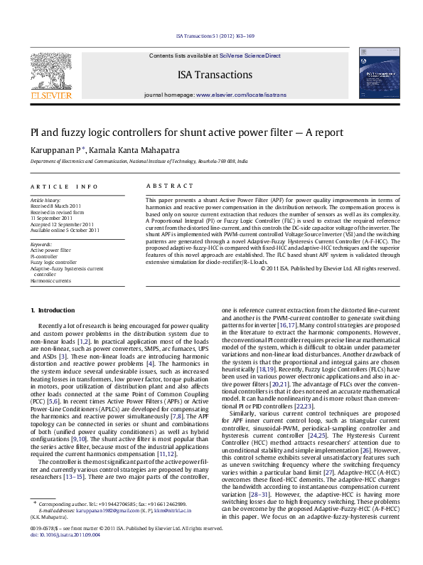 (PDF) PI and fuzzy logic controllers for shunt active power filter — A report