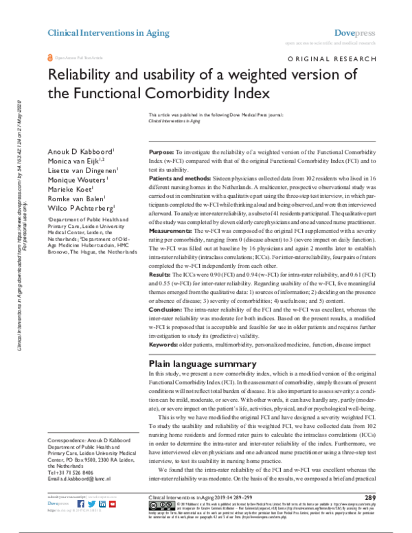 Pdf Reliability And Usability Of A Weighted Version Of The Functional