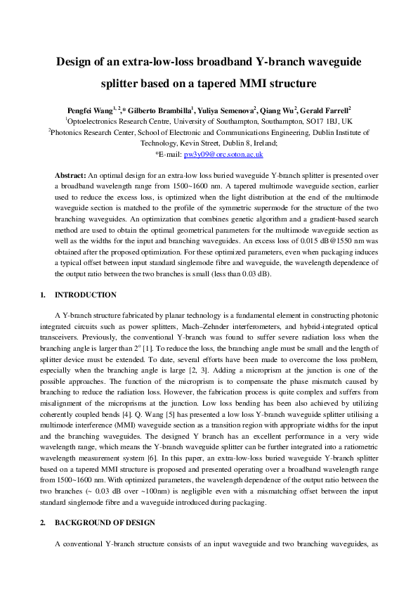 (PDF) Design of an extra-low-loss broadband Y-branch waveguide splitter ...