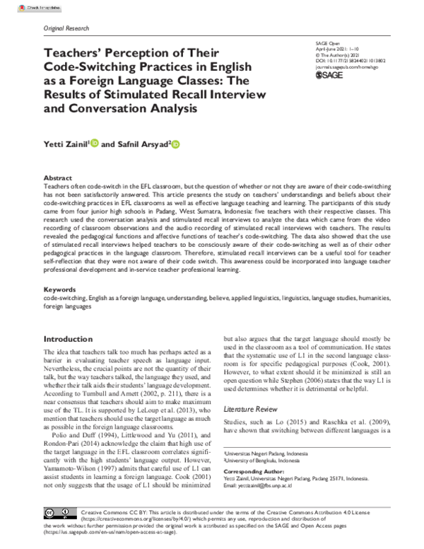 (PDF) Teachers’ Perception of Their Code-Switching Practices in English ...
