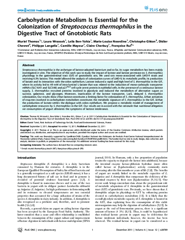 (PDF) Carbohydrate Metabolism Is Essential for the Colonization of ...