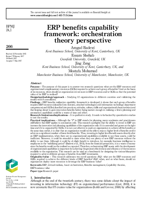 (PDF) ERP benefits capability framework: orchestration theory perspective