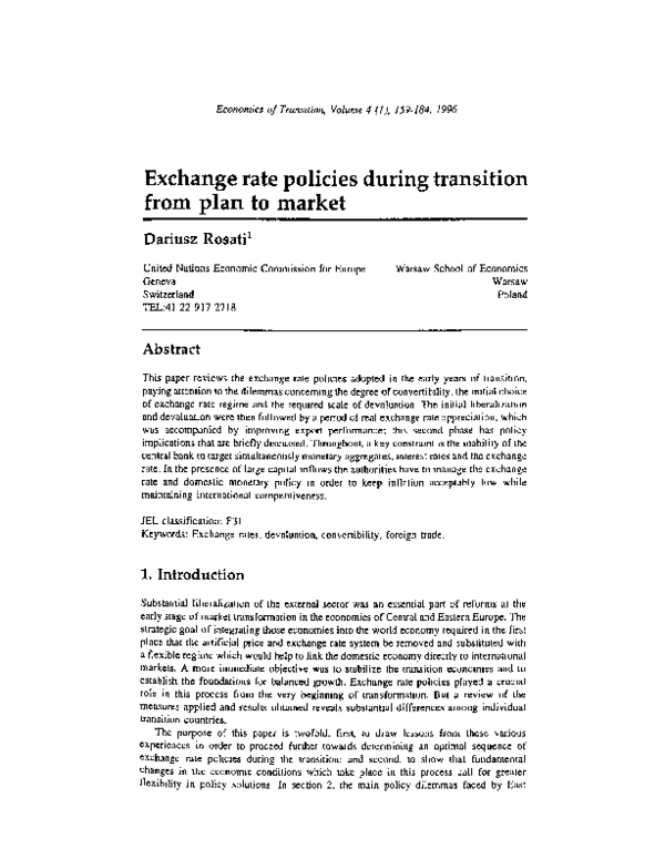 (PDF) Exchange rate policies during transition from plan to market