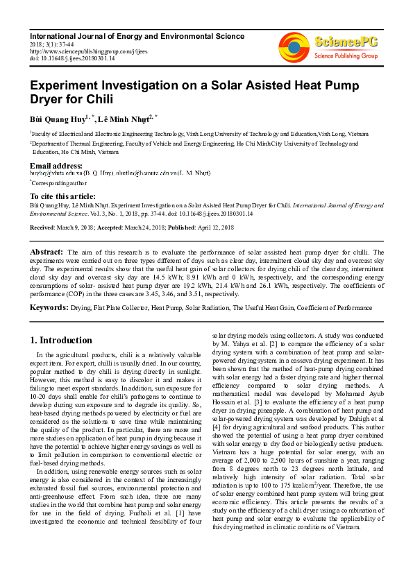 (PDF) Experiment Investigation on a Solar Asisted Heat Pump Dryer for Chili