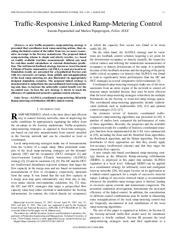 Pdf Traffic Responsive Linked Ramp Metering Control