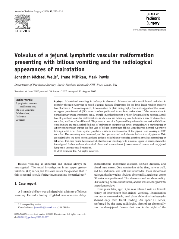 (PDF) Volvulus of a jejunal lymphatic vascular malformation presenting ...