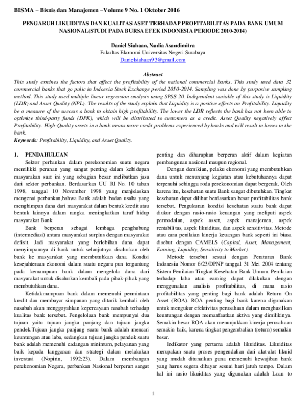 (PDF) Pengaruh Likuiditas Dan Kualitas Aset terhadap Profitabilitas pada Bank Umum Nasional ...