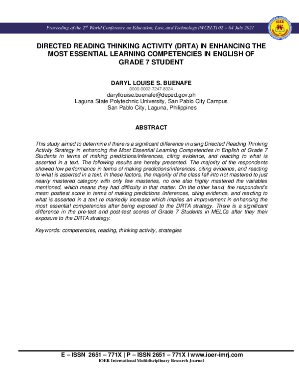 (PDF) DIRECTED READING THINKING ACTIVITY (DRTA) IN ENHANCING THE MOST ...