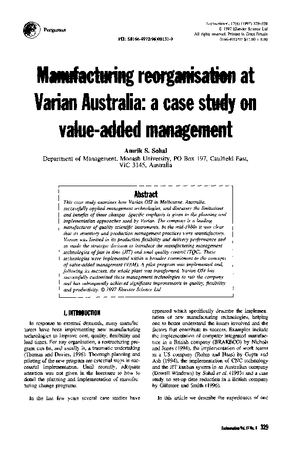 (PDF) Manufacturing reorganisation at Varian Australia: A case study on value-added management