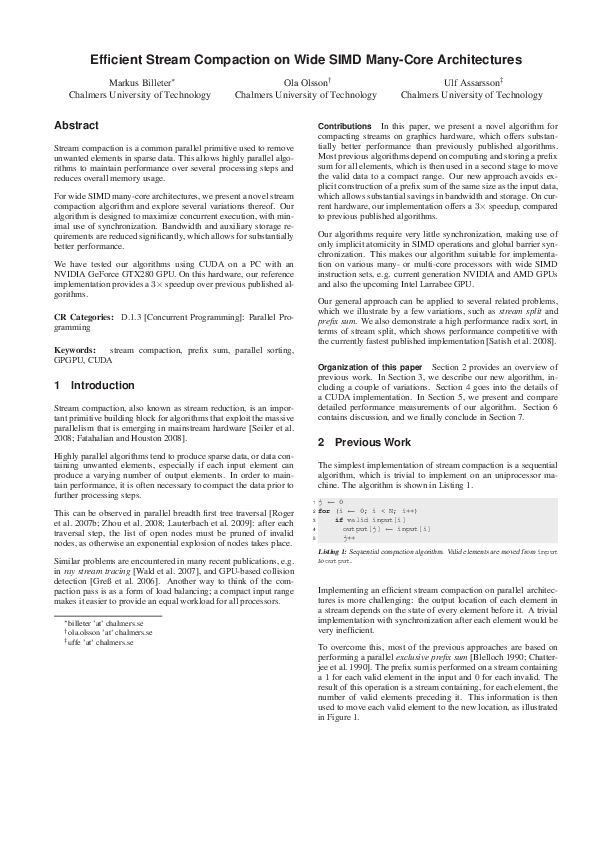 Pdf Efficient Stream Compaction On Wide Simd Many Core Architectures