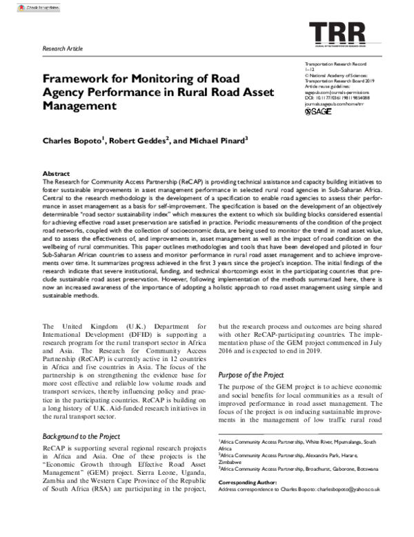 (PDF) Framework for Monitoring of Road Agency Performance in Rural Road ...