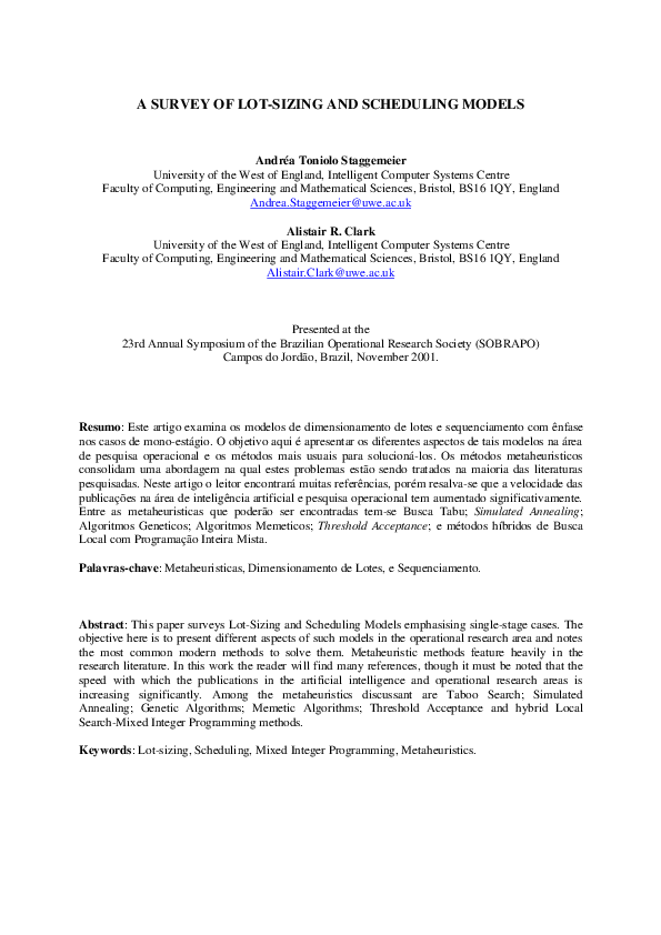 (PDF) A survey of lot-sizing and scheduling models