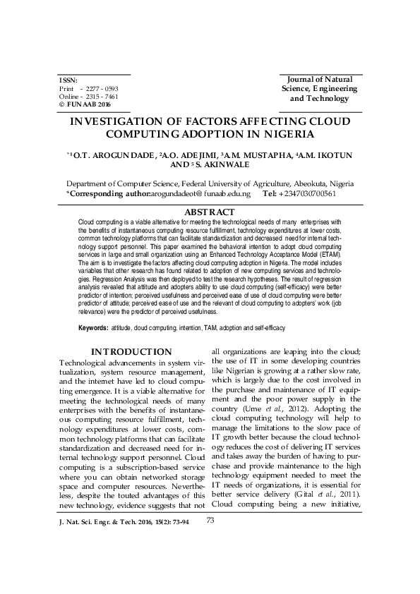 (PDF) Investigation of Factors Affecting Cloud Computing Adoption in Nigeria