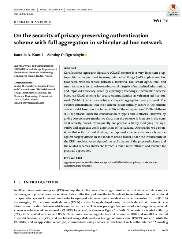 (PDF) On the security of privacy‐preserving authentication scheme with ...