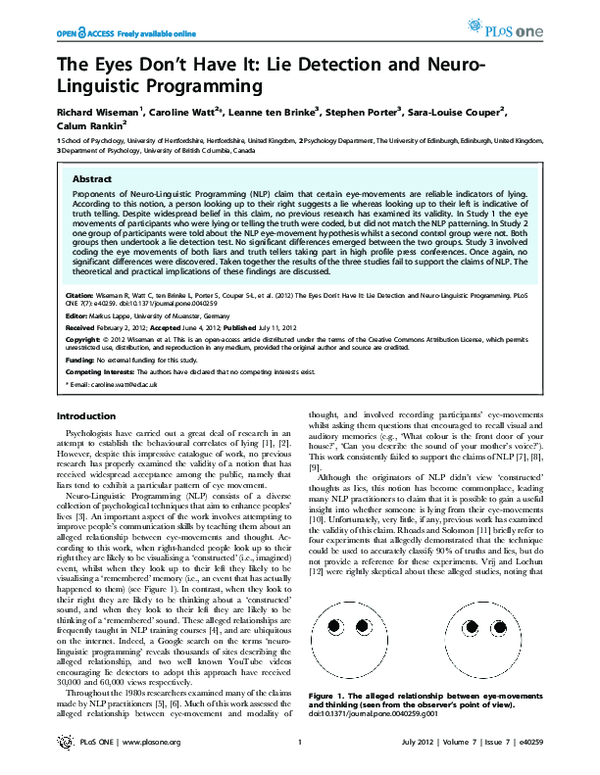 (PDF) The Eyes Don’t Have It: Lie Detection and Neuro-Linguistic Programming