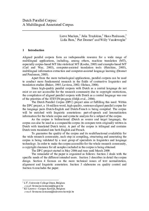 (PDF) Dutch parallel corpus: a multilingual annotated corpus | Willy ...