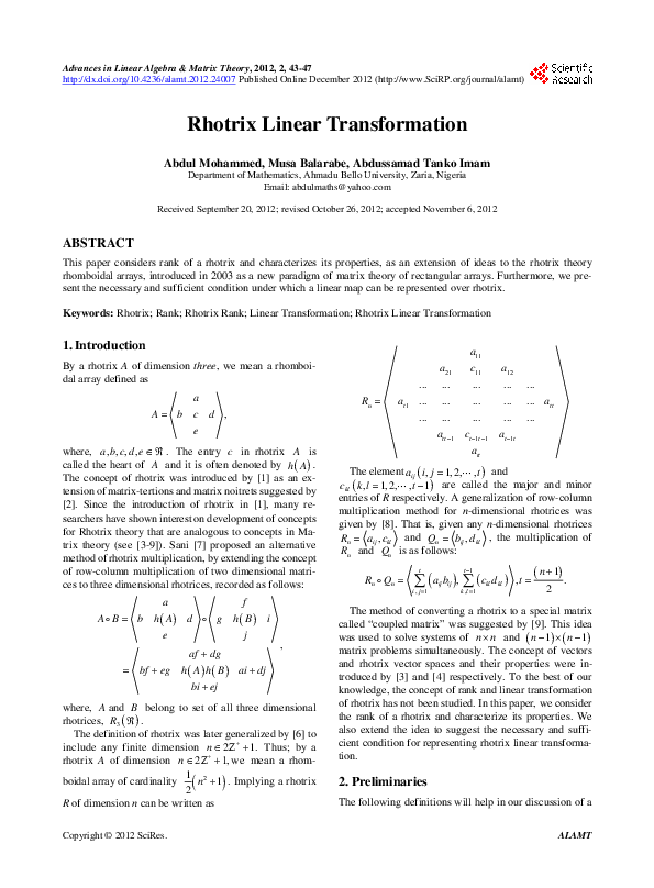 (PDF) Rhotrix Linear Transformation | Abdussamad Imam - Academia.edu