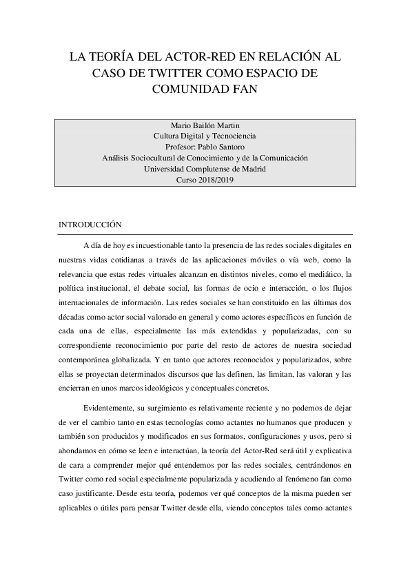 (PDF) Teoría del Actor-Red en relación a Twitter como Espacio de ...