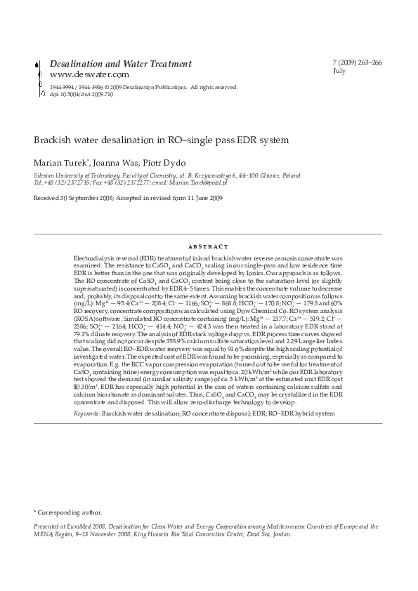(PDF) Brackish water desalination in RO–single pass EDR system