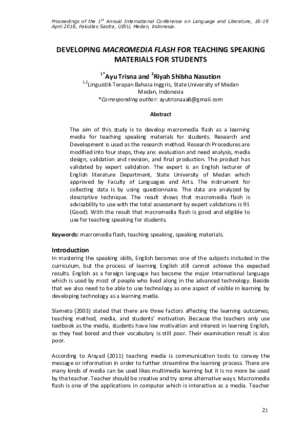 (PDF) Developing Macromedia Flash for Teaching Speaking Materials for Students