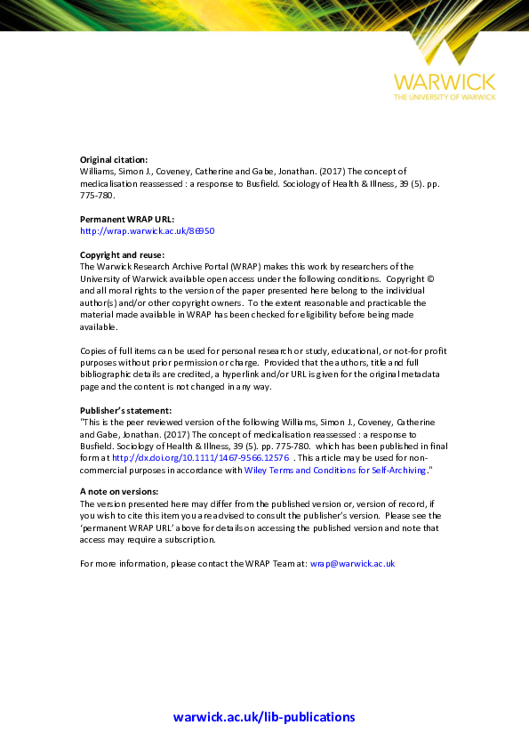 (PDF) The concept of medicalisation reassessed: a response to Joan Busfield