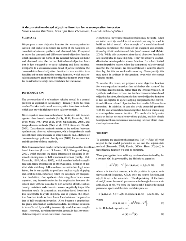 Pdf A Deconvolution Based Objective Function For Wave Equation Inversion