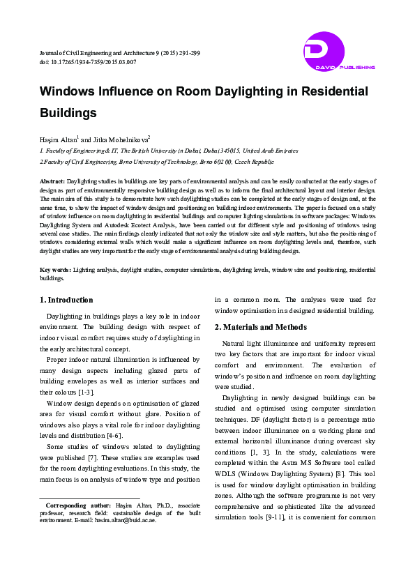 (PDF) Windows Influence on Room Daylighting in Residential Buildings