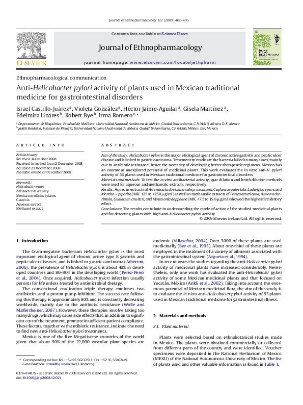 (PDF) Anti-Helicobacter pylori activity of plants used in Mexican ...