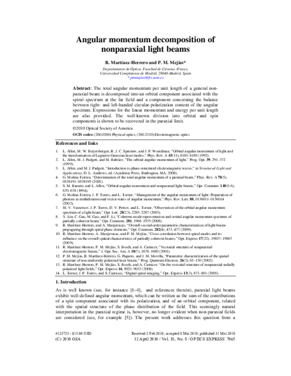 (PDF) Angular momentum decomposition of nonparaxial light beams