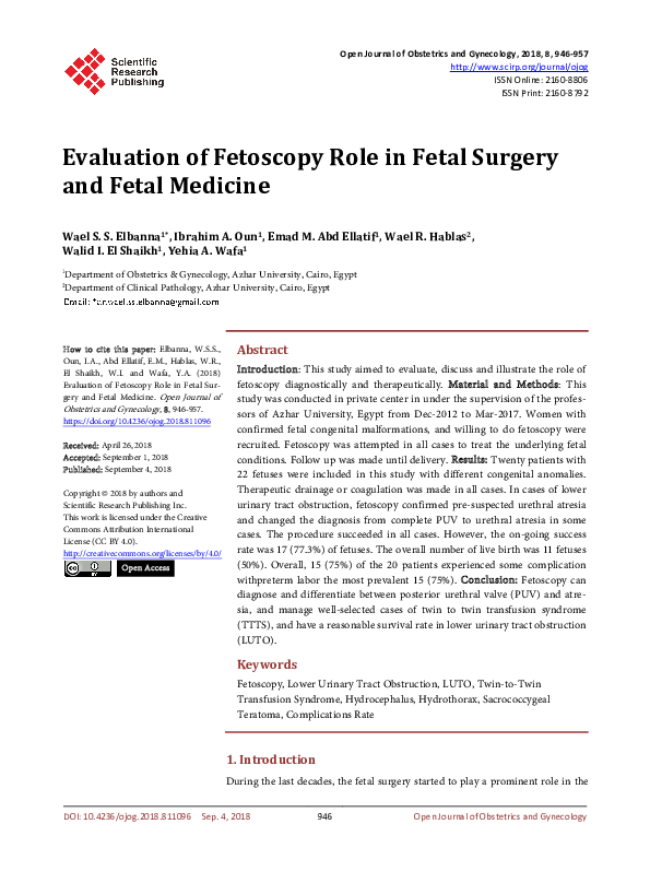 (PDF) Evaluation of Fetoscopy Role in Fetal Surgery and Fetal Medicine