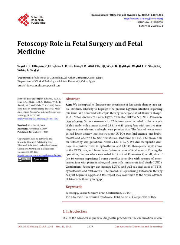 (PDF) Fetoscopy Role in Fetal Surgery and Fetal Medicine