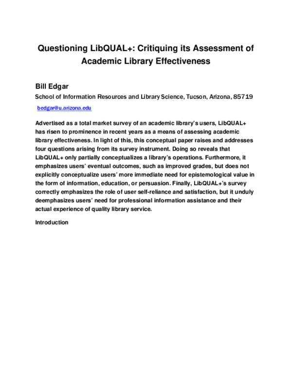 (PDF) Questioning LibQUAL+: Critiquing its Assessment of Academic ...