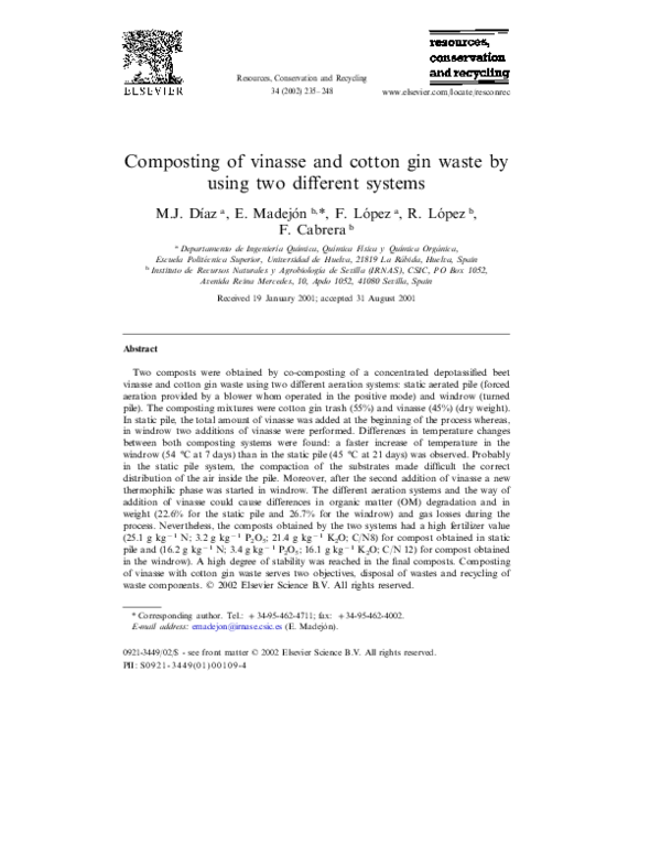 (PDF) Composting of vinasse and cotton gin waste by using two different ...