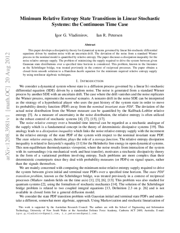 Pdf Minimum Relative Entropy State Transitions In Linear Stochastic