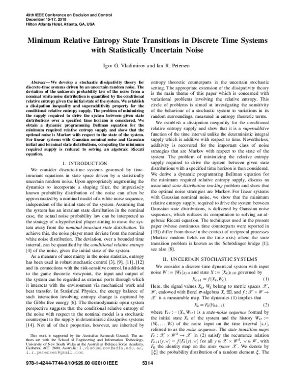 Pdf Minimum Relative Entropy State Transitions In Discrete Time Systems With Statistically